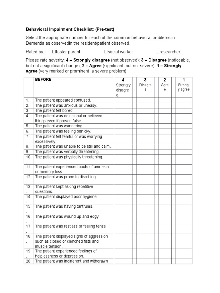 Behavioral Impairment Checklist: (Pre-Test) : Before | PDF | Amnesia ...