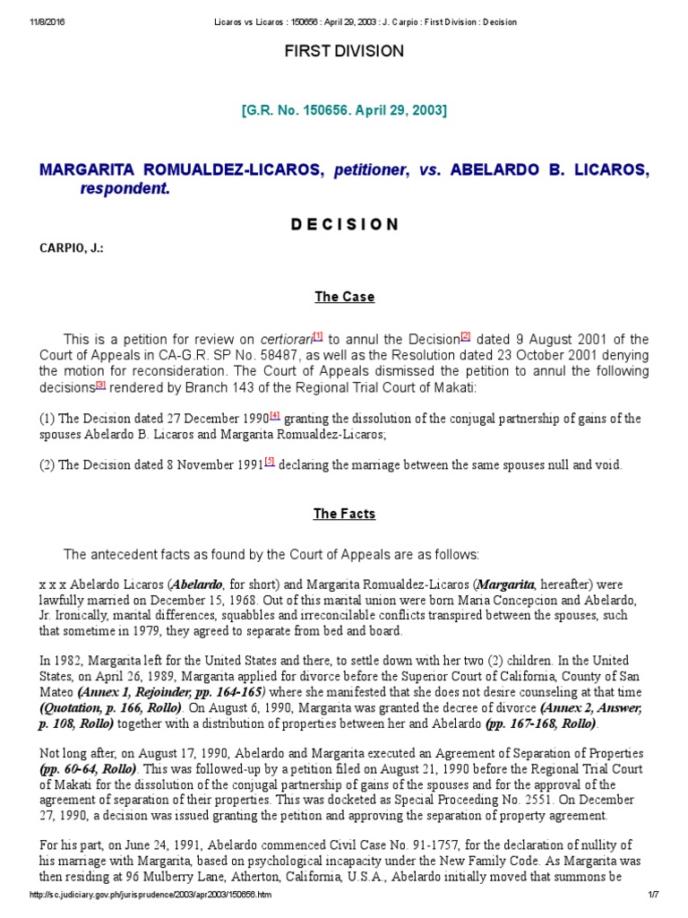 Respondent.: Margarita Romualdez Licaros, Petitioner, vs. Abelardo B ...