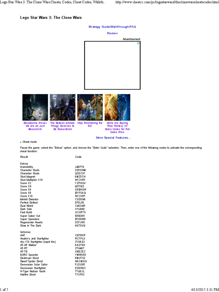 Lego Star Wars 3 - The Clone Wars Cheats, Codes, Cheat Codes, Walkthrough, Guide, FAQ ...