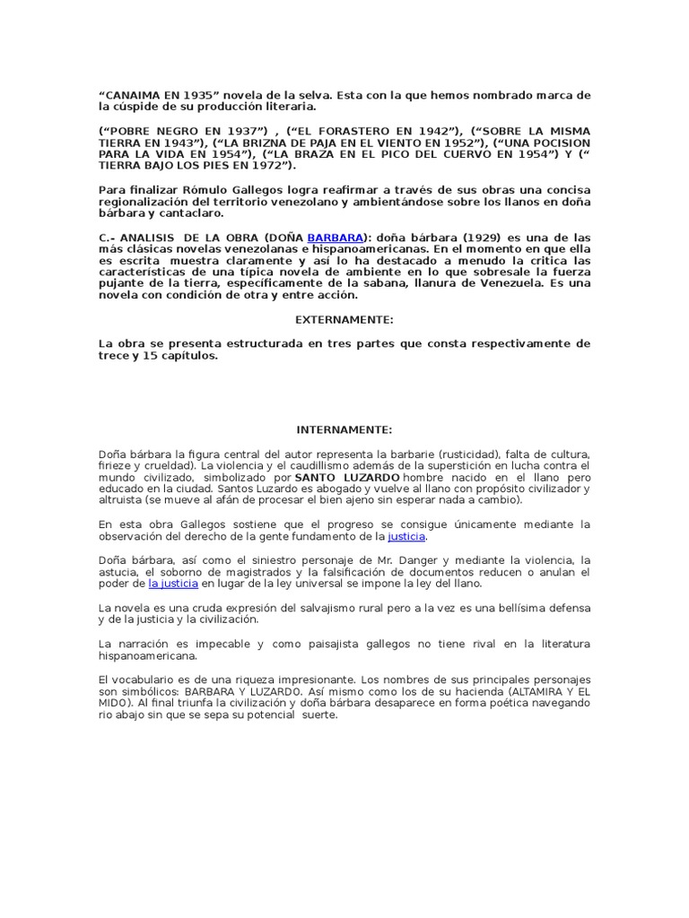Análisis de "Canaima" de Rómulo Gallegos | PDF | Novelas | Venezuela