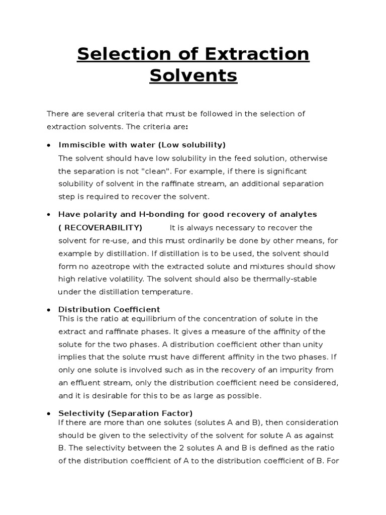 Solvent Selection Criteria for Extraction | PDF | Solution | Distillation