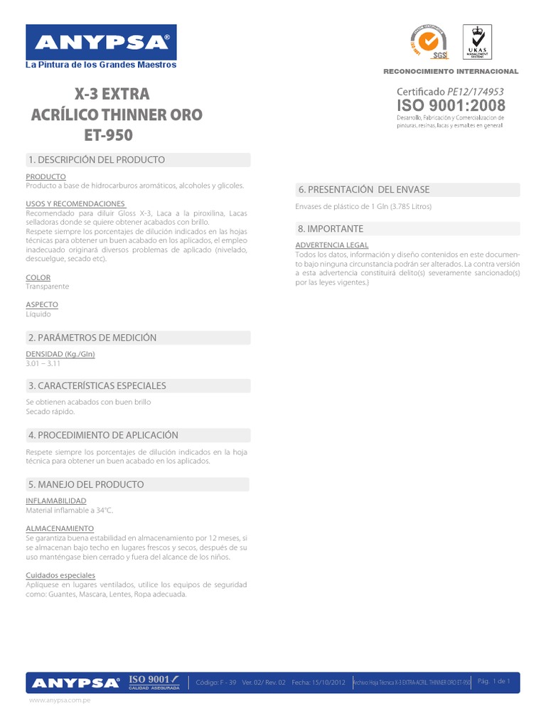 Ficha Tecnica X 3 Extra Acrilico Thinner Oro Et 950 | PDF | Ciencia y matemáticas | Tecnología
