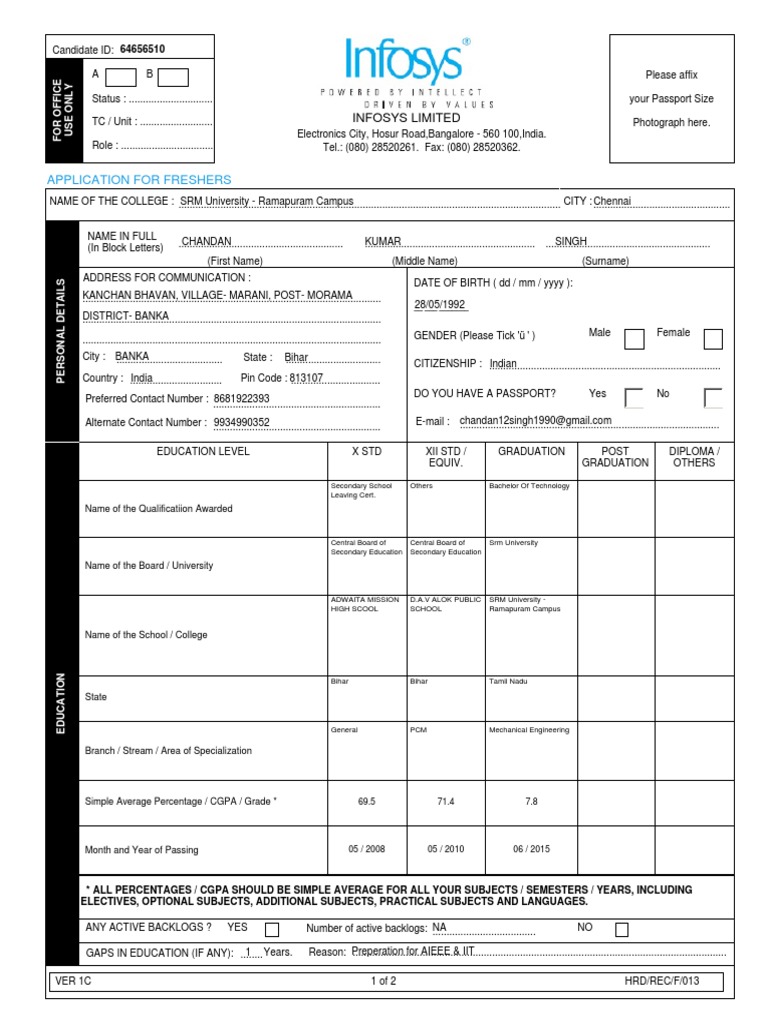 Fresher Application Form (1) Chandan Singh Infosys | PDF | Justice | Crime & Violence