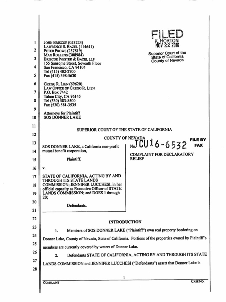 SOS Donner Lake v. State Lands (Complaint For Declaratory Relief) | PDF | Declaratory Judgment ...