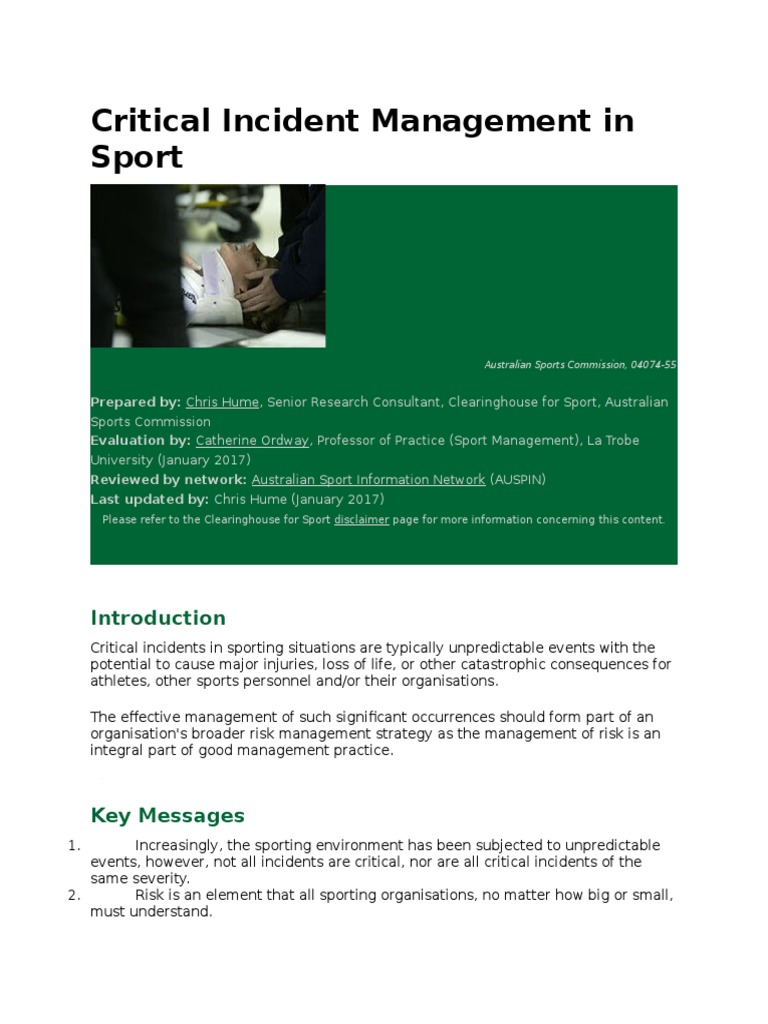 Critical Incident Management in Sport | PDF | Risk Management | Cricket