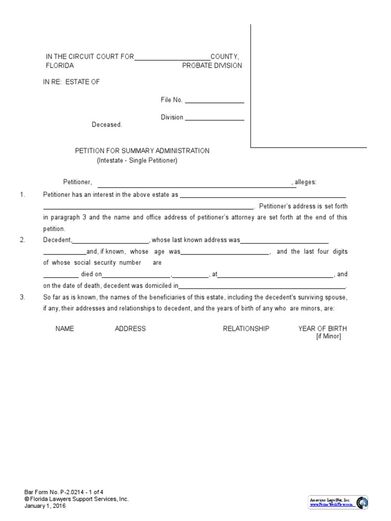 Petition for Summary Administration Intestate Single Petitioner {P-2. ...