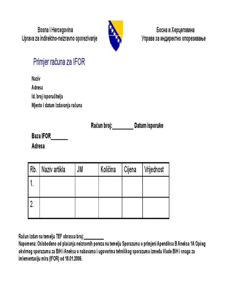 Primjer Fakture Za Isporuke Dobara I Usluga EUFOR NATO | PDF