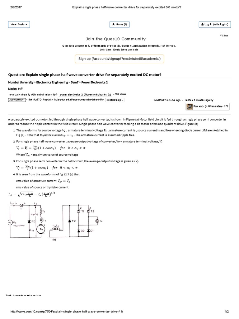 Explain Single Phase Half Wave Converter Drive For Separately Excited ...