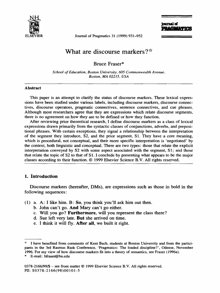 FRASER 1999 - What Are Discourse Markers | PDF | Human Communication ...