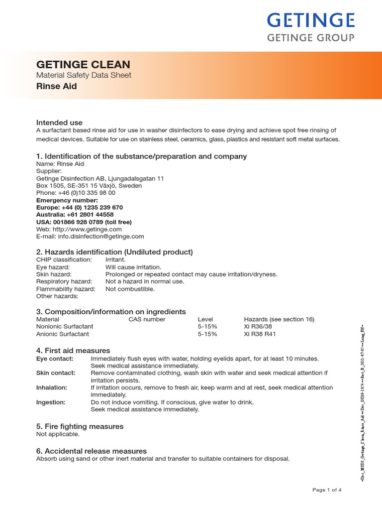 MSDS Rinse Aid Getinge Clean | PDF | Personal Protective Equipment | Chemistry