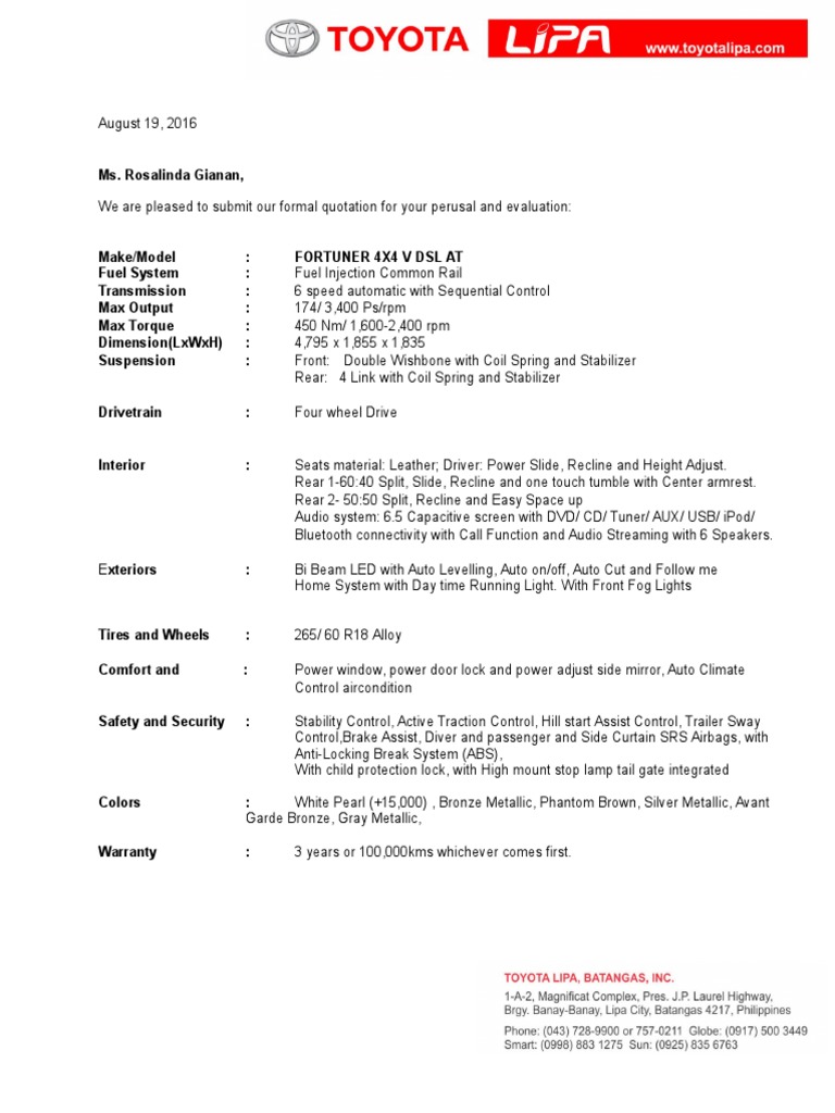 Fortuner Quotation With Specs | PDF | Off Road Vehicles | Cars Of Japan