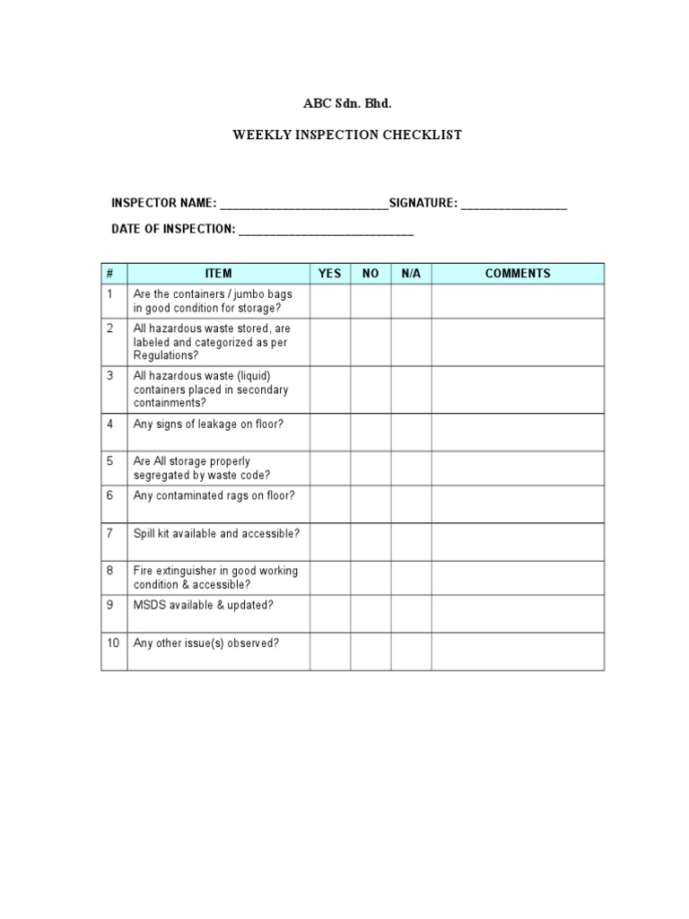 Weekly Hazardous Waste Inspection Checklist | PDF | Business | Home ...