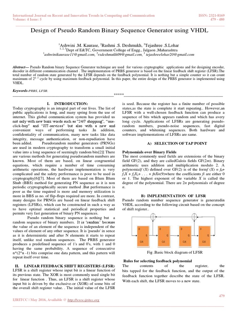 Design Of Pseudo Random Binary Sequence Generator Using Vhdl Pdf Theoretical Computer