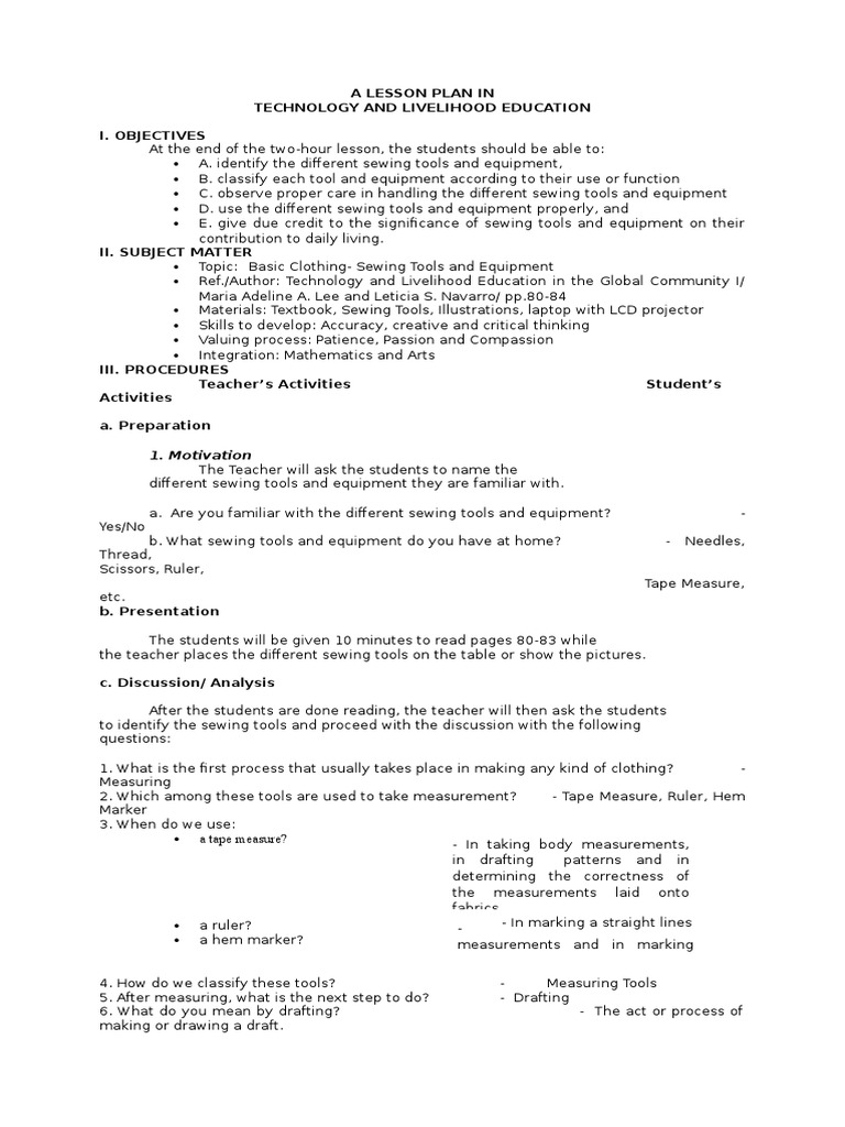 Sewing Tools Lesson Plan for TLE | PDF | Scissors | Sewing