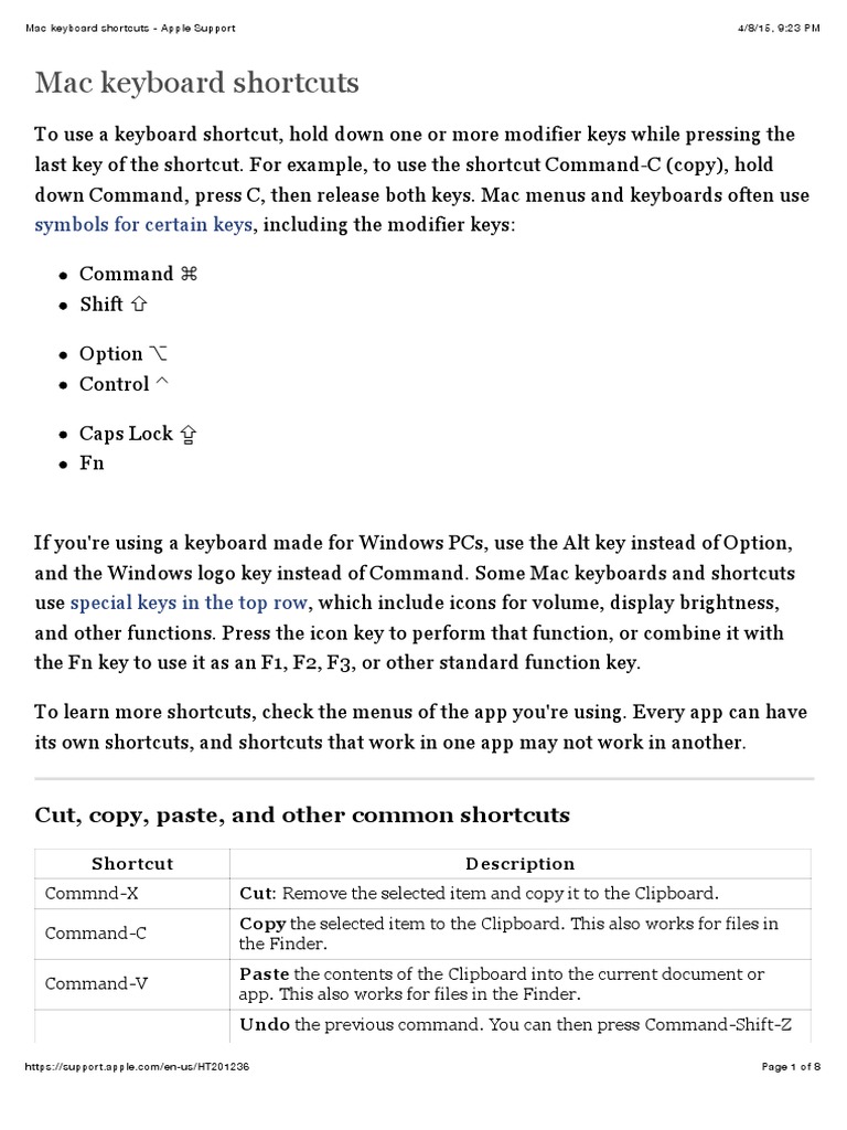 Mac Keyboard Shortcuts - Apple Support | PDF | Finder (Software ...