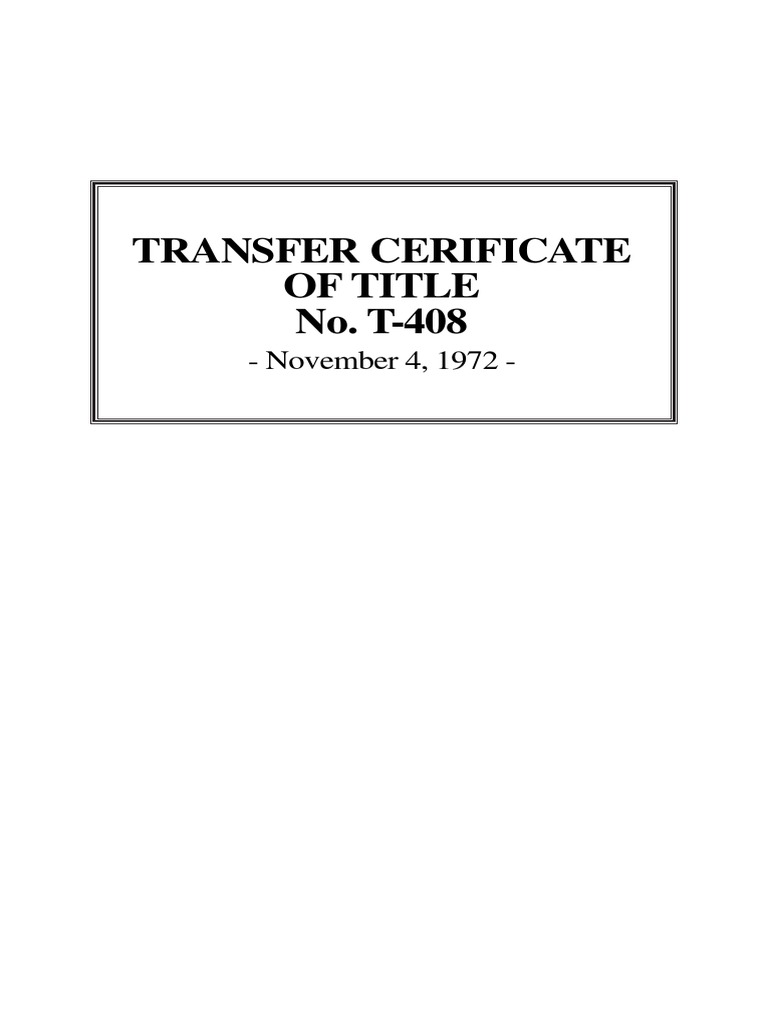 Transfer Certificate of Title TCT No. T-408 | PDF | Urban | Philippines
