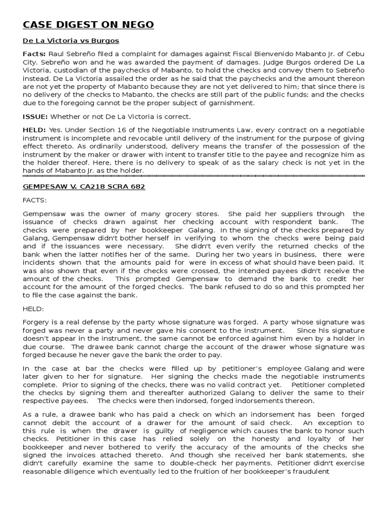 Case Digest On Nego | PDF | Negotiable Instrument | Cheque