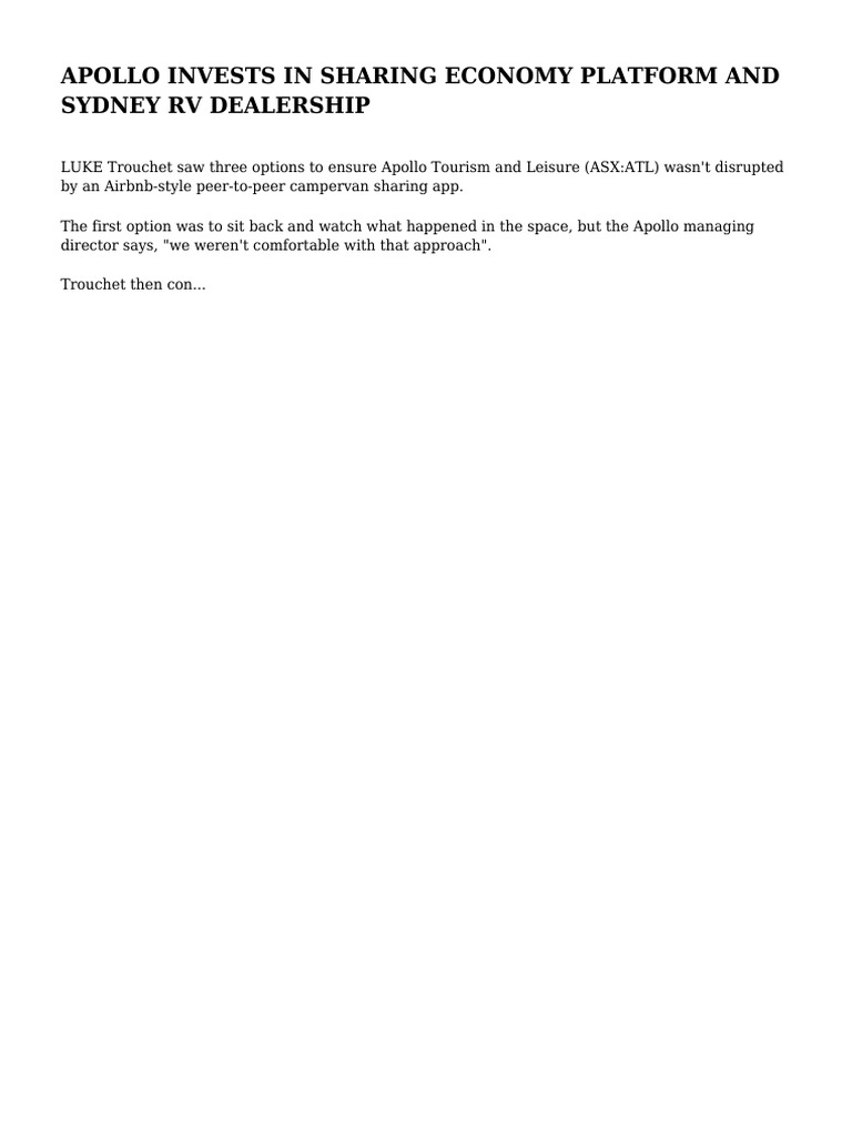 Apollo Invests in Sharing Economy Platform and Sydney RV Dealership ...