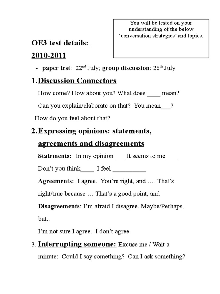 OE3 Test Details: 2010-2011 1.discussion Connectors: Statements | PDF