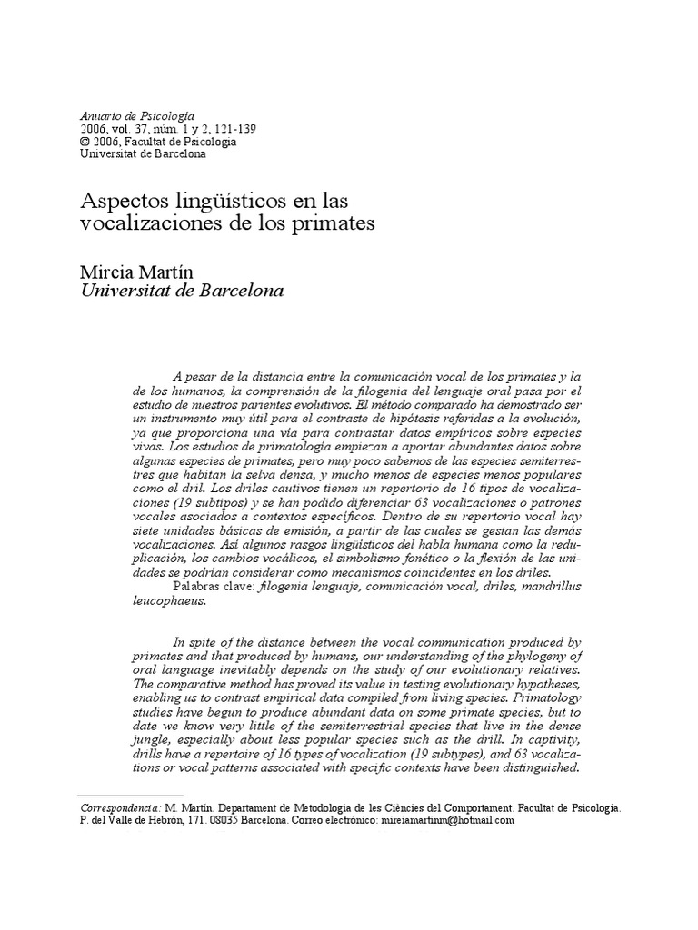 Vocalizacion de Primates | PDF | Evolución | Vocal