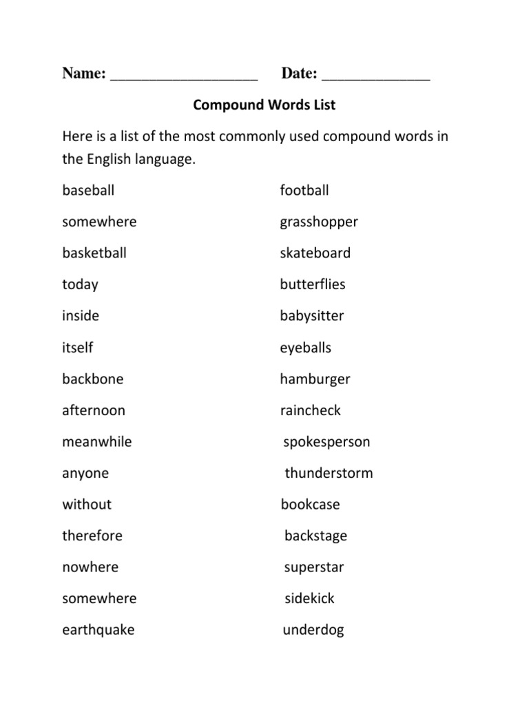 Compound Words List Beginner or Intermediate | PDF