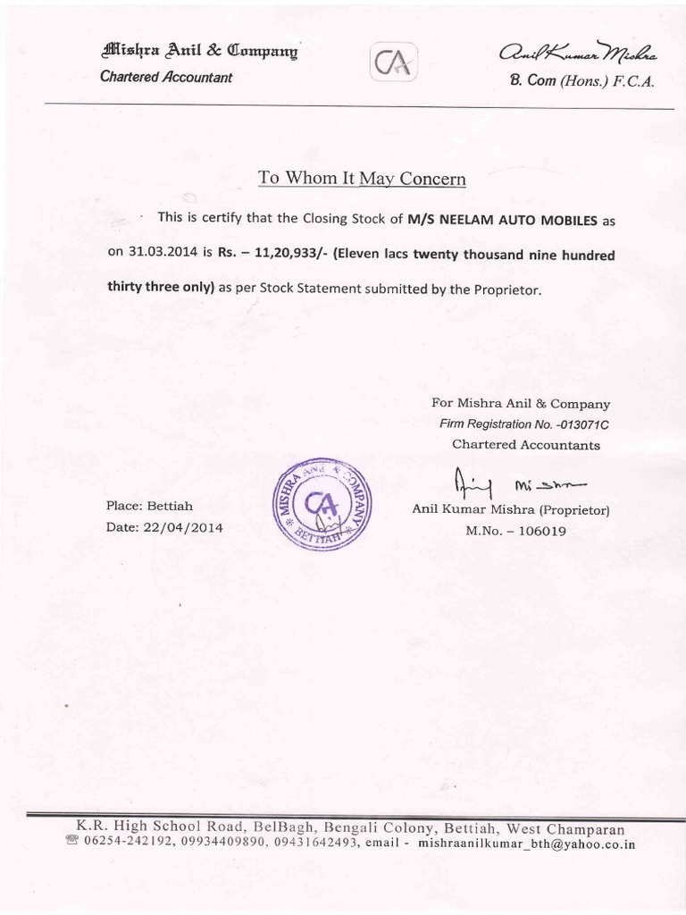 Certification Of Closing Stock Value For Neelam Auto Mobiles As Of