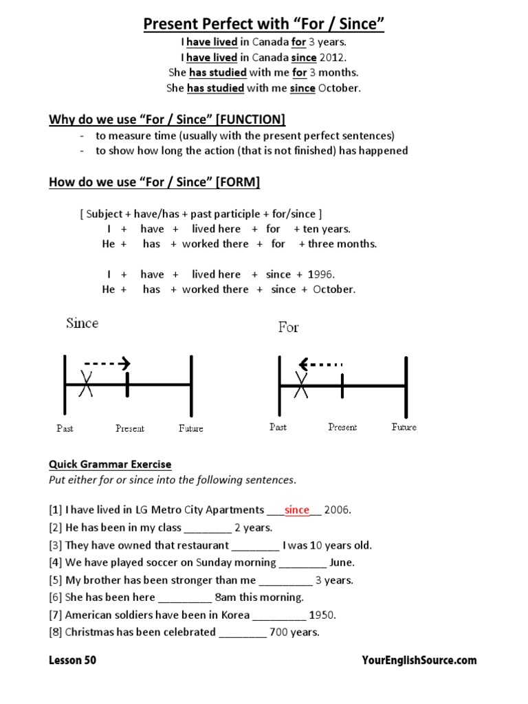 For and Since. Explanation and Exercises | PDF | Languages
