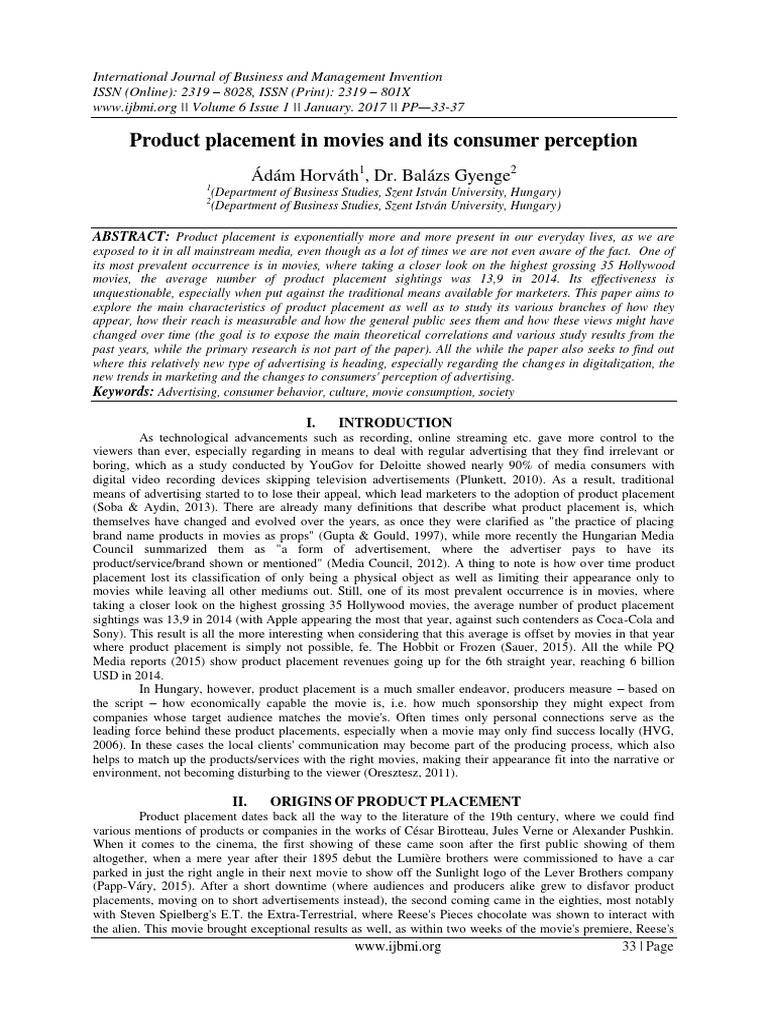 Product Placement in Movies and Its Consumer Perception | PDF ...