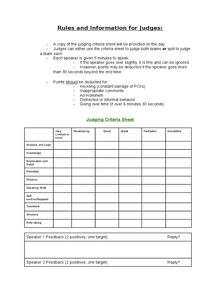 Rules and Information For Judges:: Judging Criteria Sheet | PDF ...