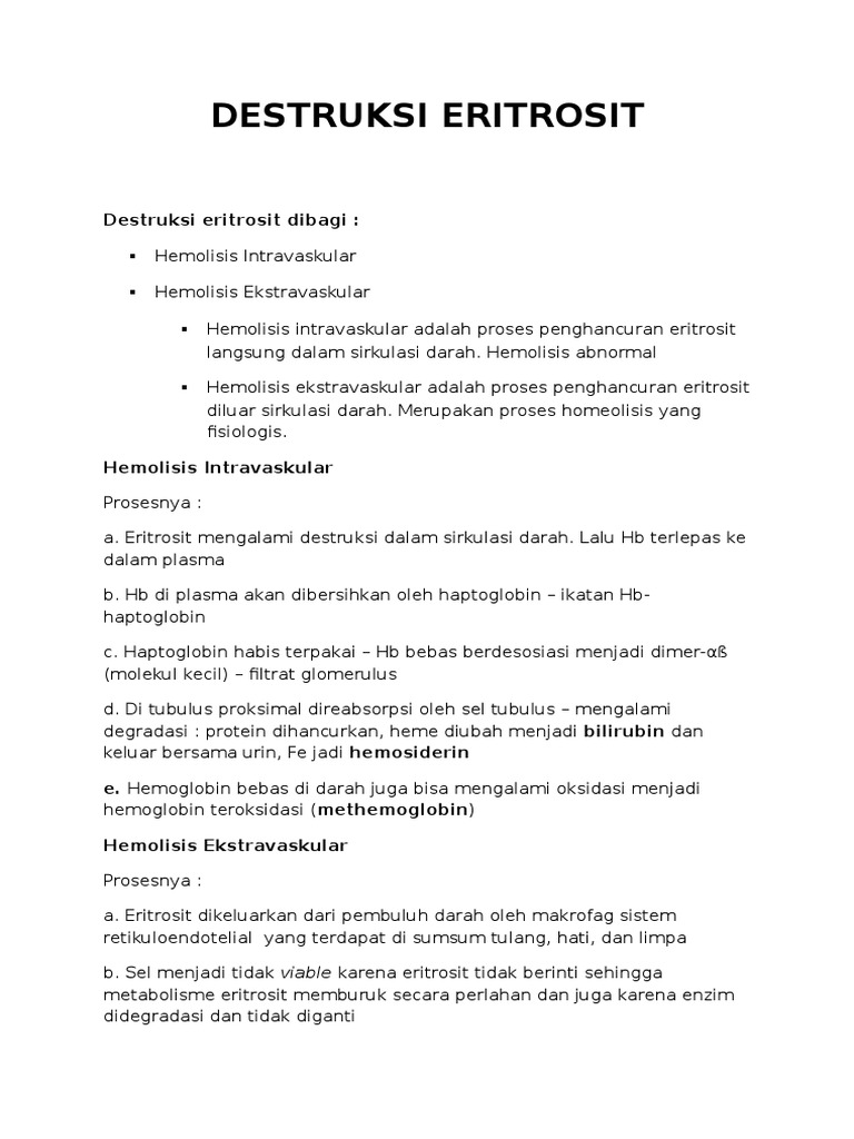 Proses Destruksi Eritrosit dan Hemolisis | PDF