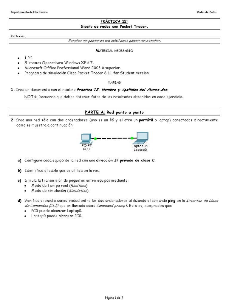 Práctica 12. Diseño de Redes Con Packet Tracer | PDF | Enrutador (Computación) | Dirección IP