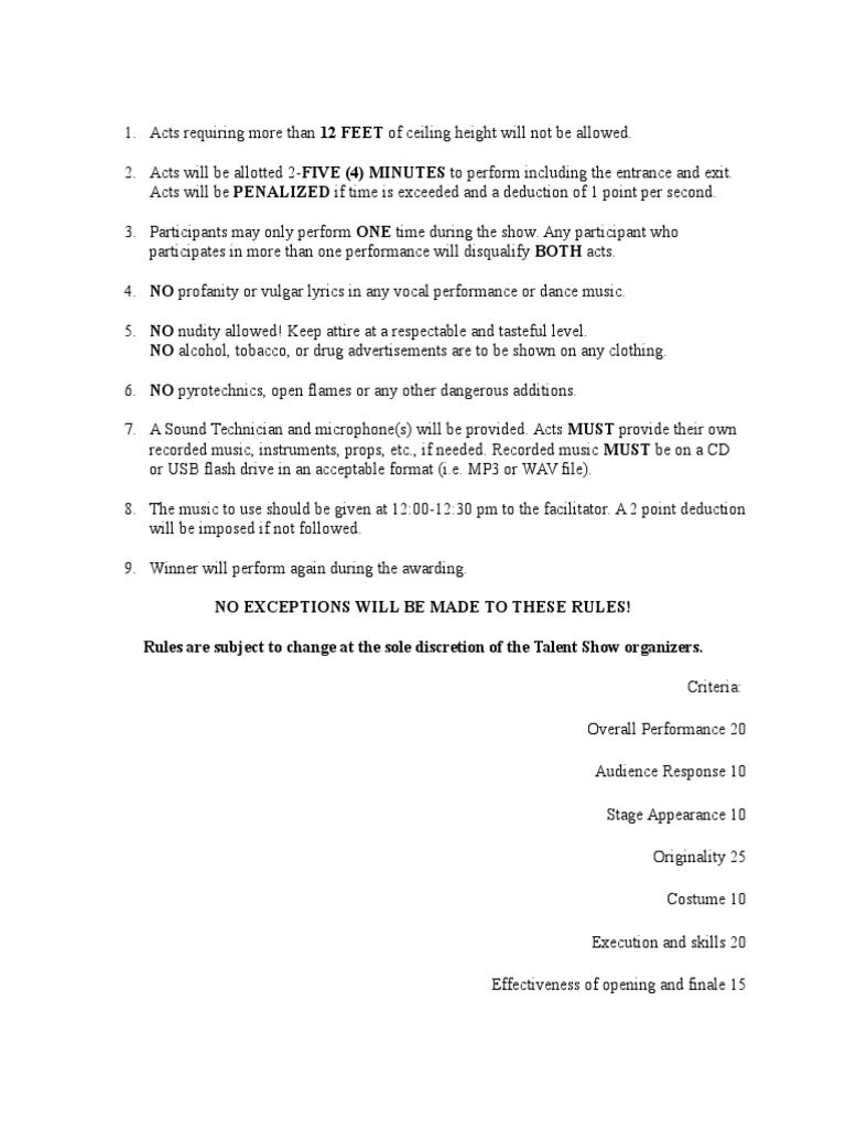 Talent Show Rules Under 40 Characters | PDF