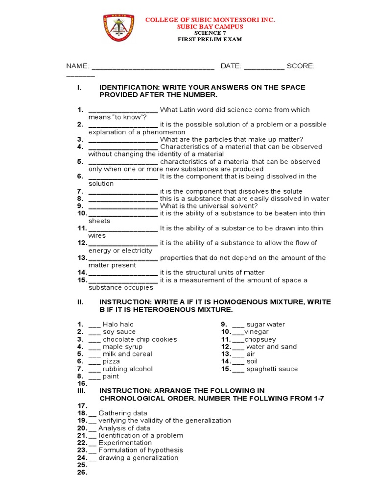 College of Subic Montessori Inc. Subic Bay Campus: Science 7 First ...