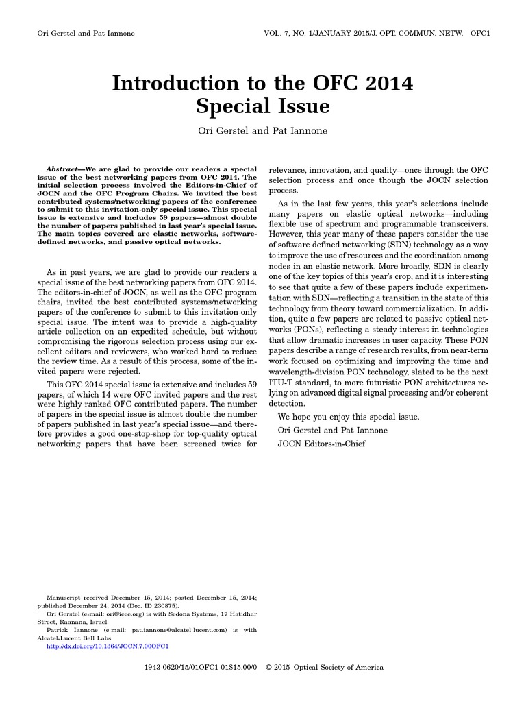 Introduction To The OFC 2014 Special Issue: Ori Gerstel and Pat Iannone | PDF ...