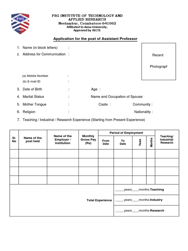 Assistant Professor Job Application Form | PDF | Professors In The ...