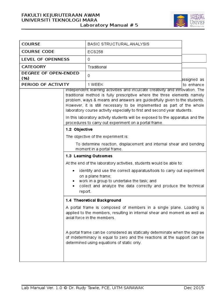 Lab 5 - Portal Frame | PDF | Experiment | Structural Analysis