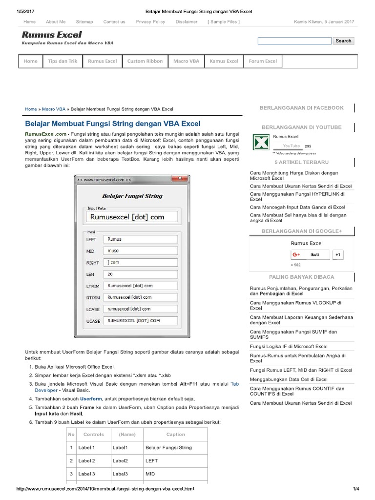 Belajar Membuat Fungsi String Dengan VBA Excel | PDF