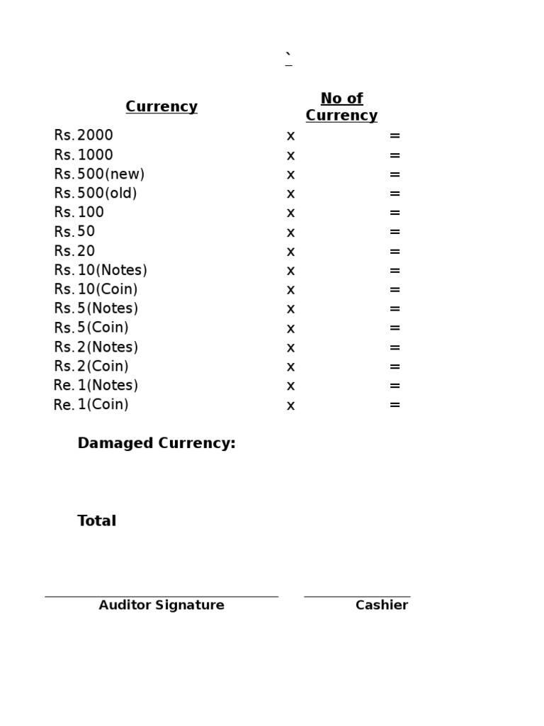 ' Currency No of Currency: Auditor Signature Cashier Signature | PDF ...