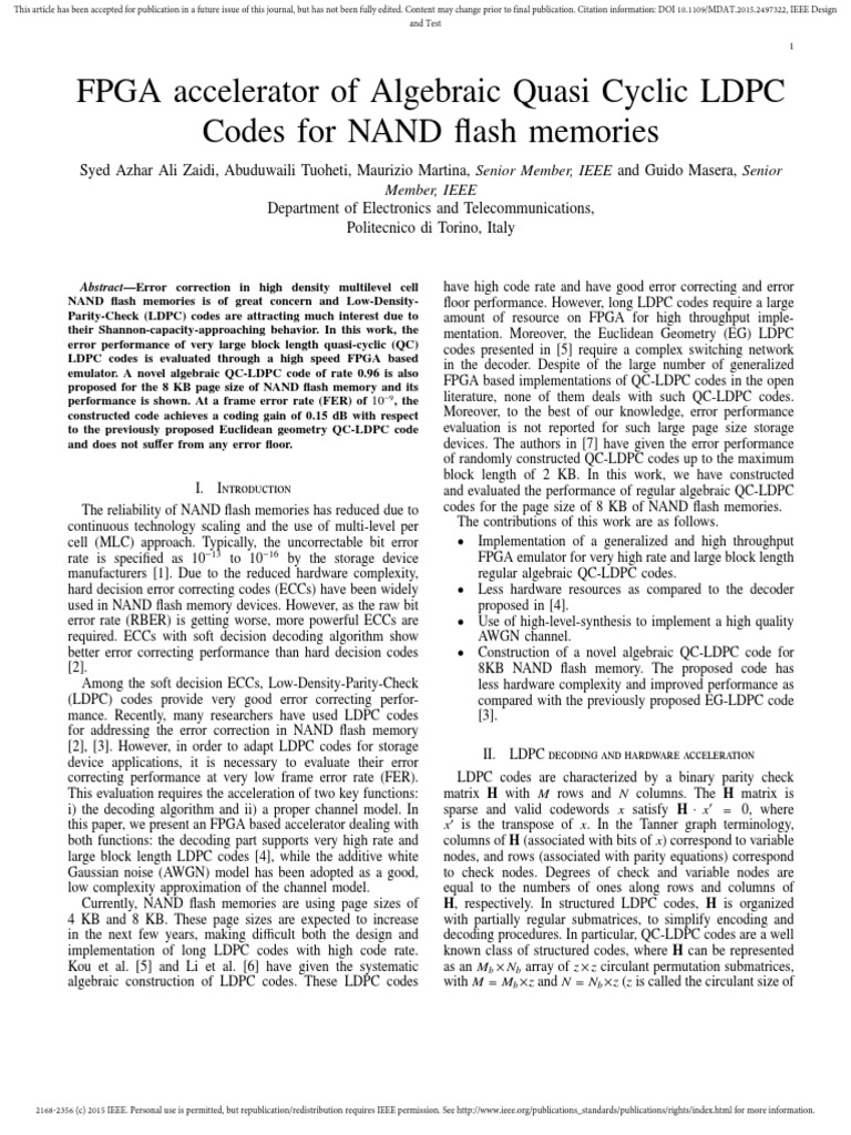 FPGA Accelerator of Algebraic Quasi Cyclic LDPC Codes For NAND Flash Memories PDF | PDF | Low ...