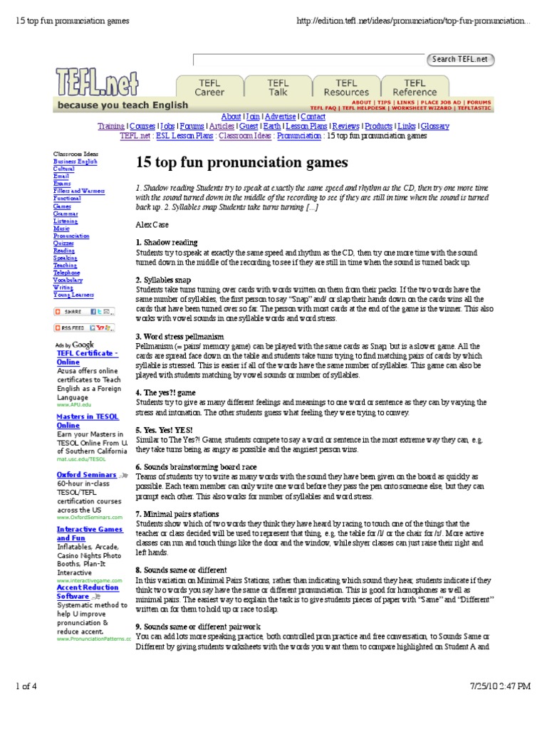 15 Top Fun Pronunciation Games | PDF | Language Arts & Discipline
