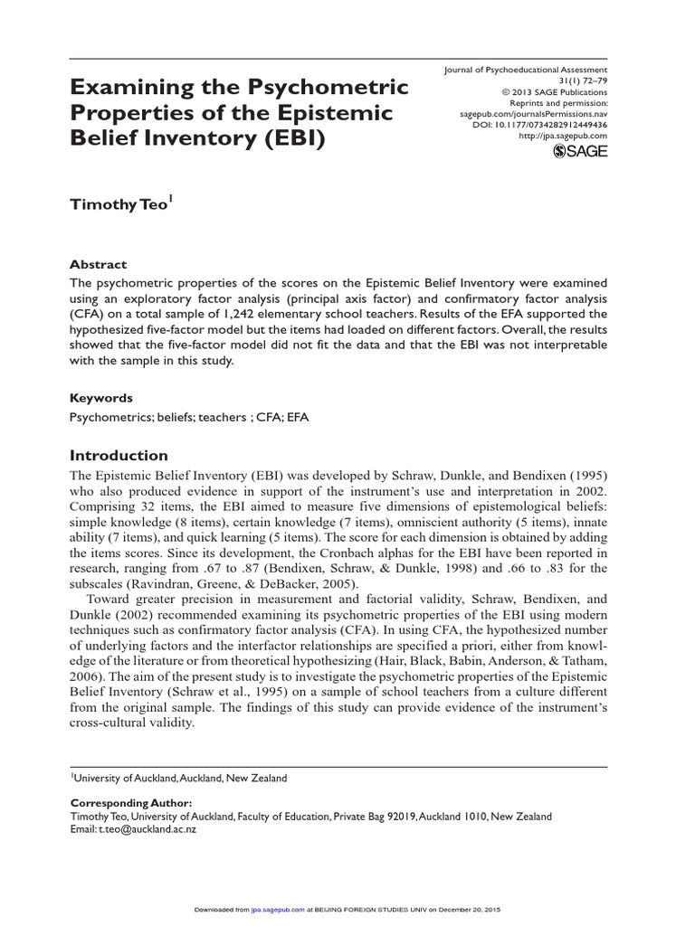 Psychoeducational Assessment-2013-Epistemic Belief Inventory (EBI) | PDF