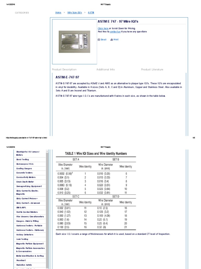 NDT Supply Iqi E747 | PDF | Nondestructive Testing | Materials