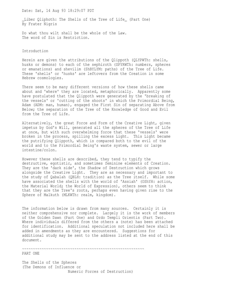 Liber Qliphoth | PDF | Kabbalistic Words And Phrases | Aramaic Words ...