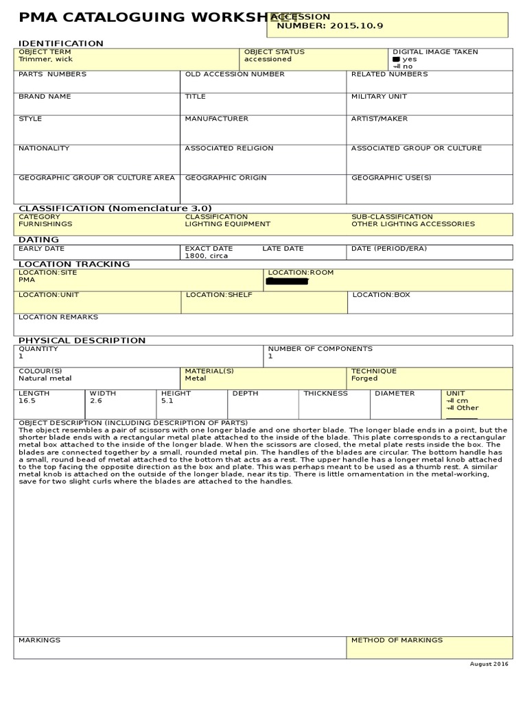 Cataloguing Worksheet Wick Trimmer | PDF | Candle | Scissors