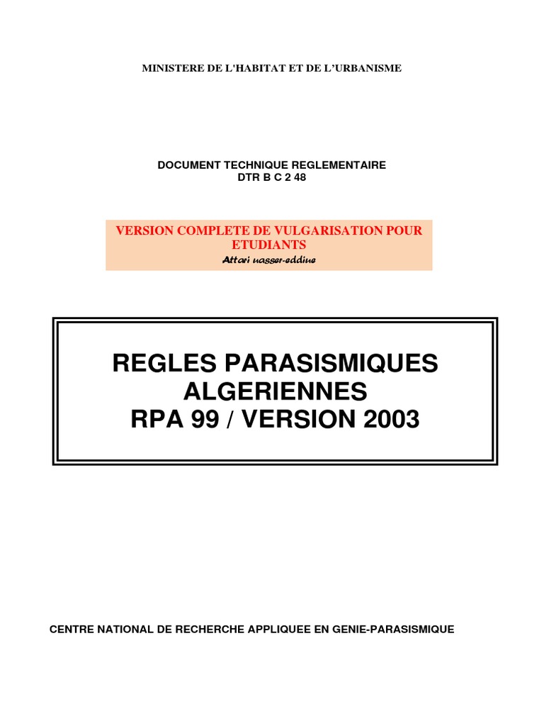 Regles Parasismiques Algeriennes Rpa99 Version 2003 PDF | PDF | Béton armé | Génie parasismique