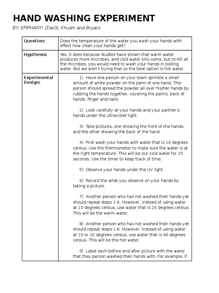 Hand Washing Experiment: By: Epiphany! (Daigi, Khushi and Bryan) | PDF ...
