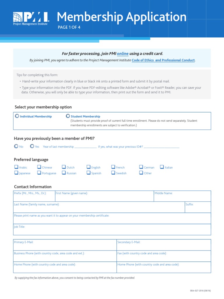 PMI Membership Application | PDF | Zip Code | Euro