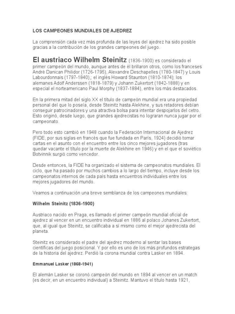 Los Campeones Mundiales De Ajedrez Pdf Campeonato Mundial De