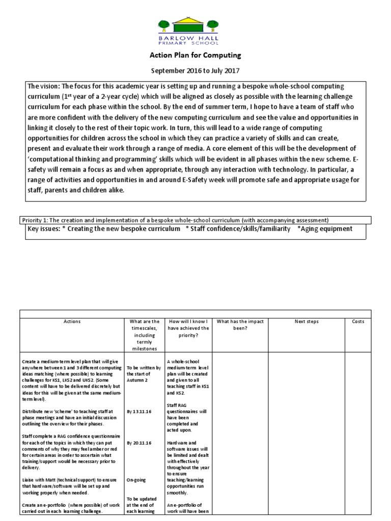 Computing Action Plan Pdf Curriculum Educational Assessment