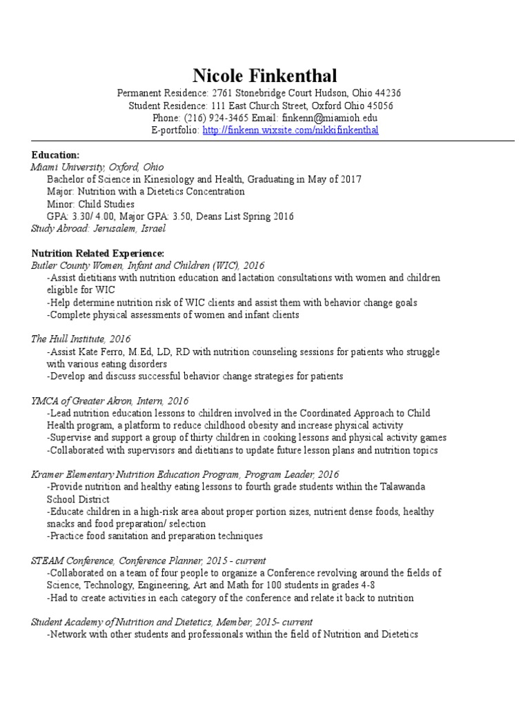 Nikki Finkenthal Resume Updated | PDF | Dietitian | Wic